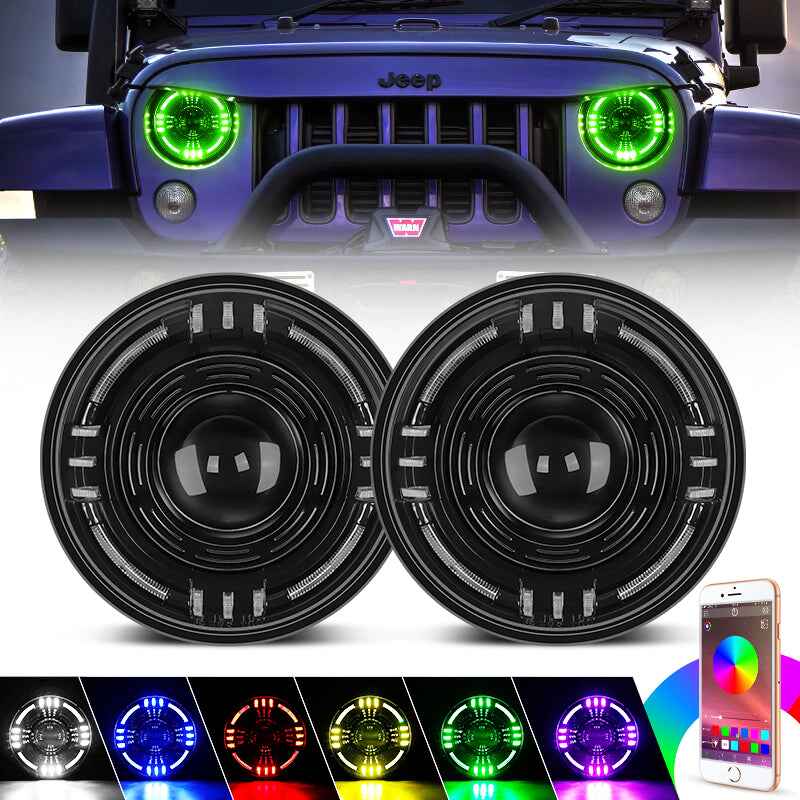 7 inch LED RGBW Headlights with Angel Eye Bluetooth Control for 1997-Later Jeep Wrangler